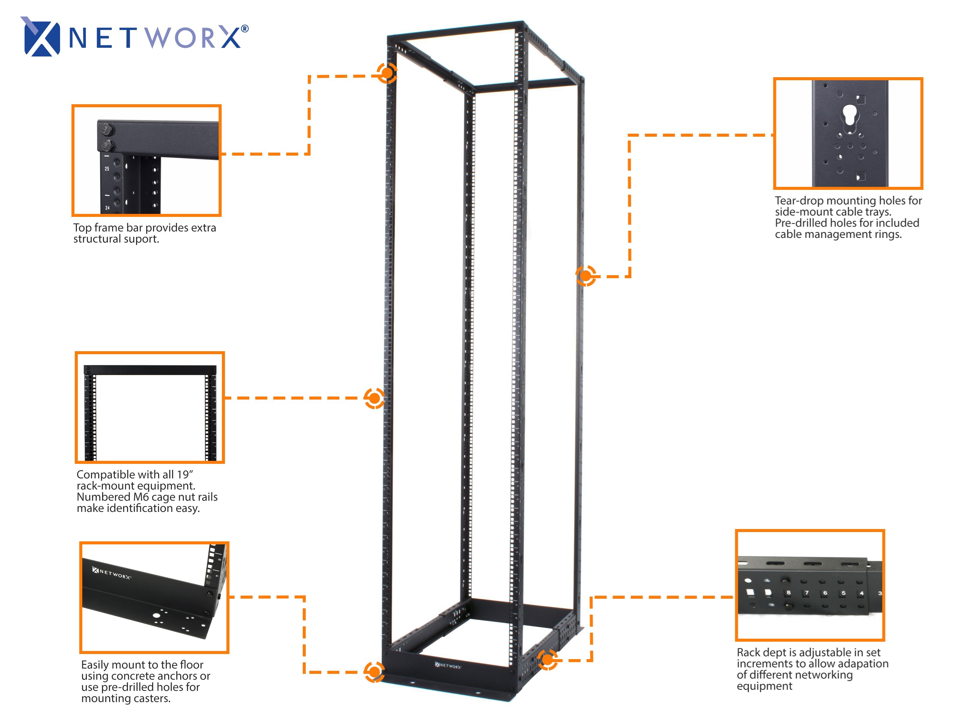 4-Post Adjustable Depth Open Frame Network Rack - 48U, Cold Rolled ...